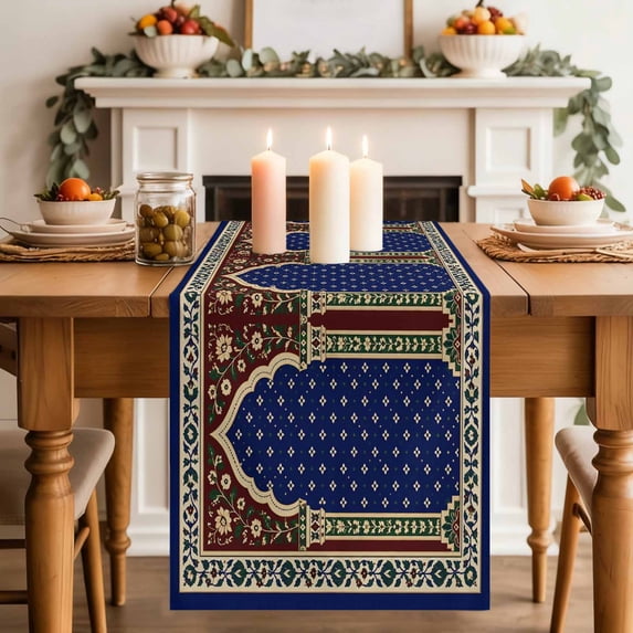 Blue Gold Arched Dining Table Runner, Vintage Ethic Traditional Floral ...