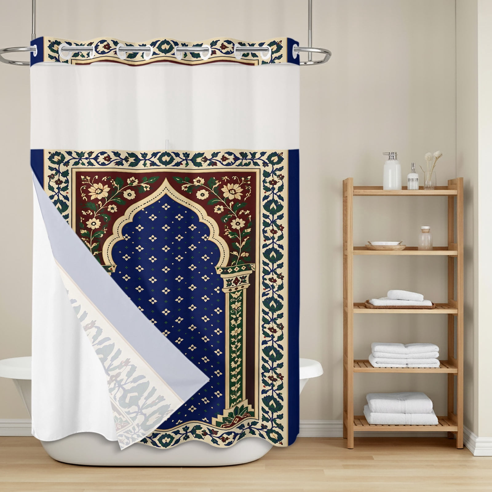 Blue Gold Arched No Hook Shower Curtain with Snap in Liner, Vintage ...