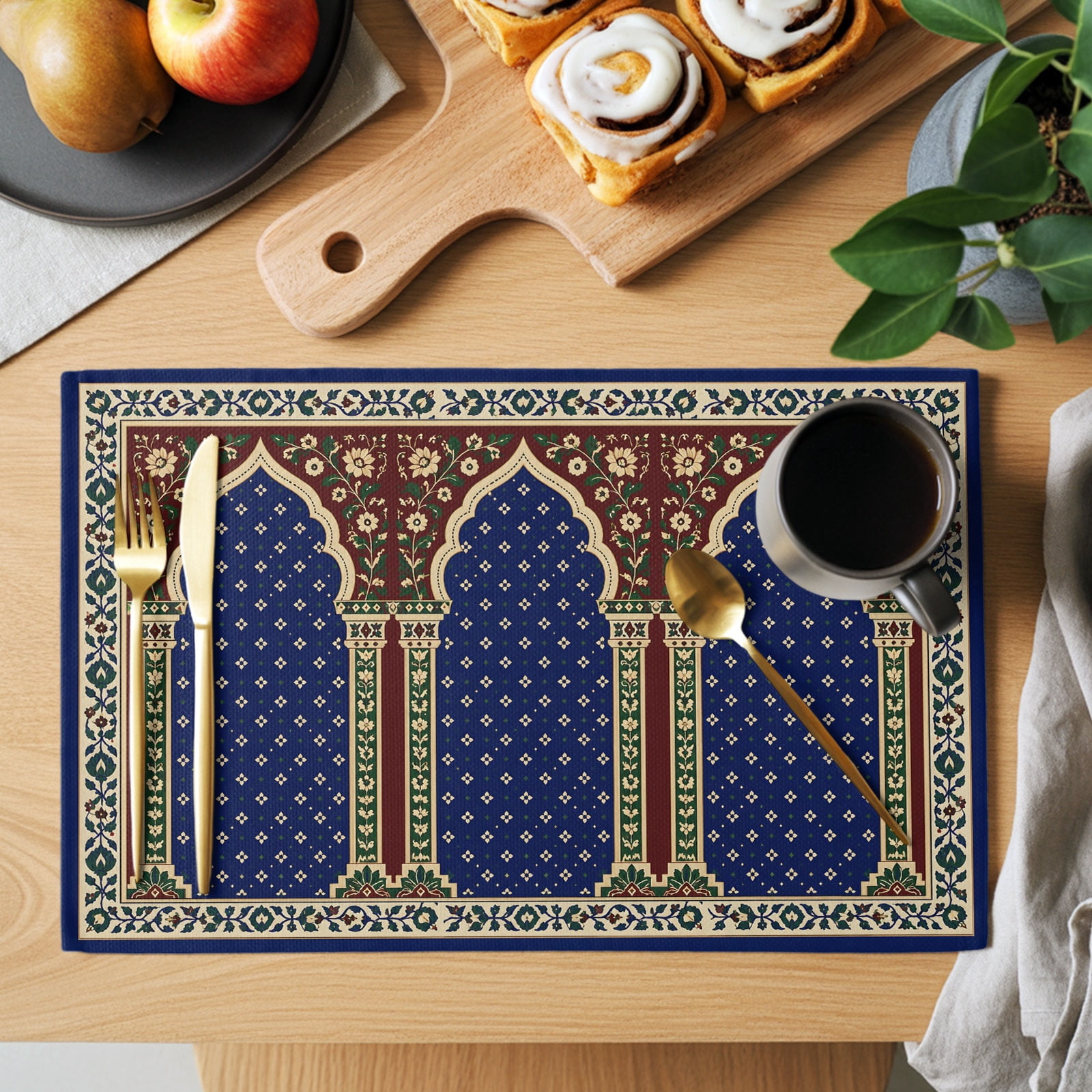 Blue Gold Arched Placemats Set of 4, Vintage Ethic Traditional Floral ...