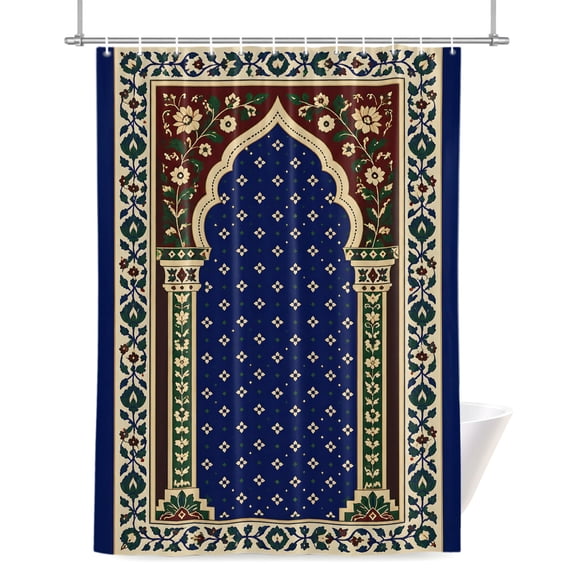 Blue Gold Arched Shower Curtain, Vintage Ethic Traditional Floral Vines ...