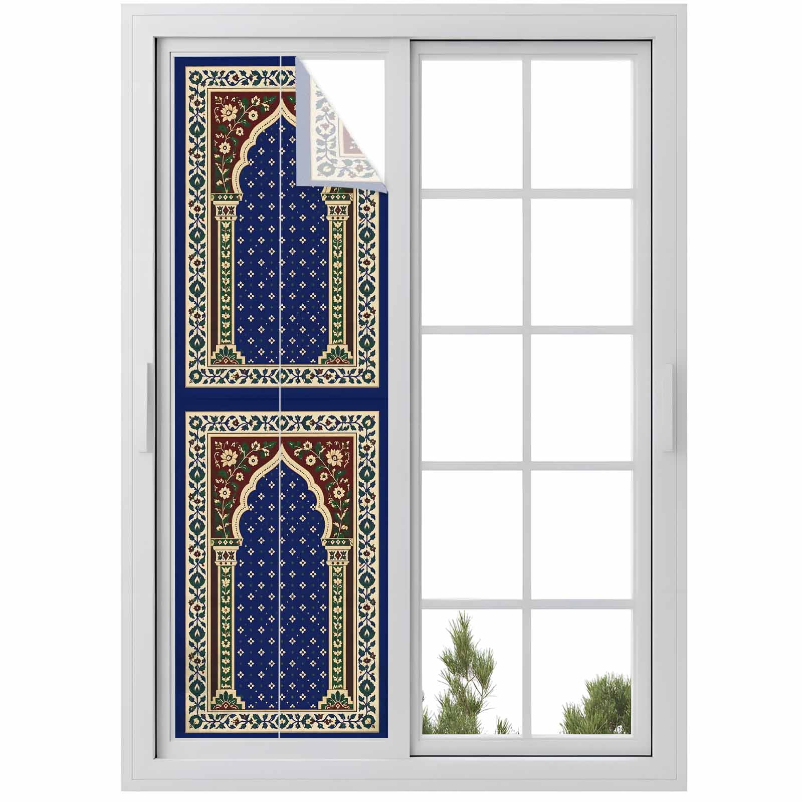 Blue Gold Arched Window Privacy Film Vintage Ethic Traditional Floral ...