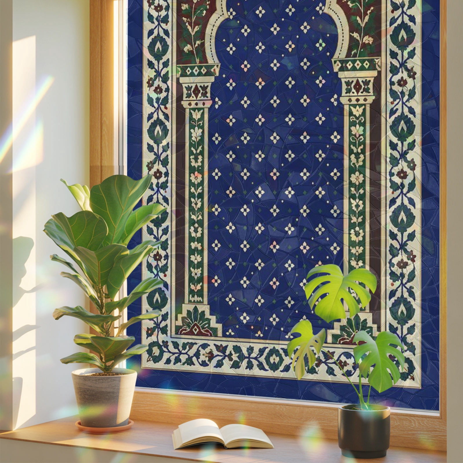 Blue Gold Arched Window Privacy Film, Vintage Ethic Traditional Floral ...