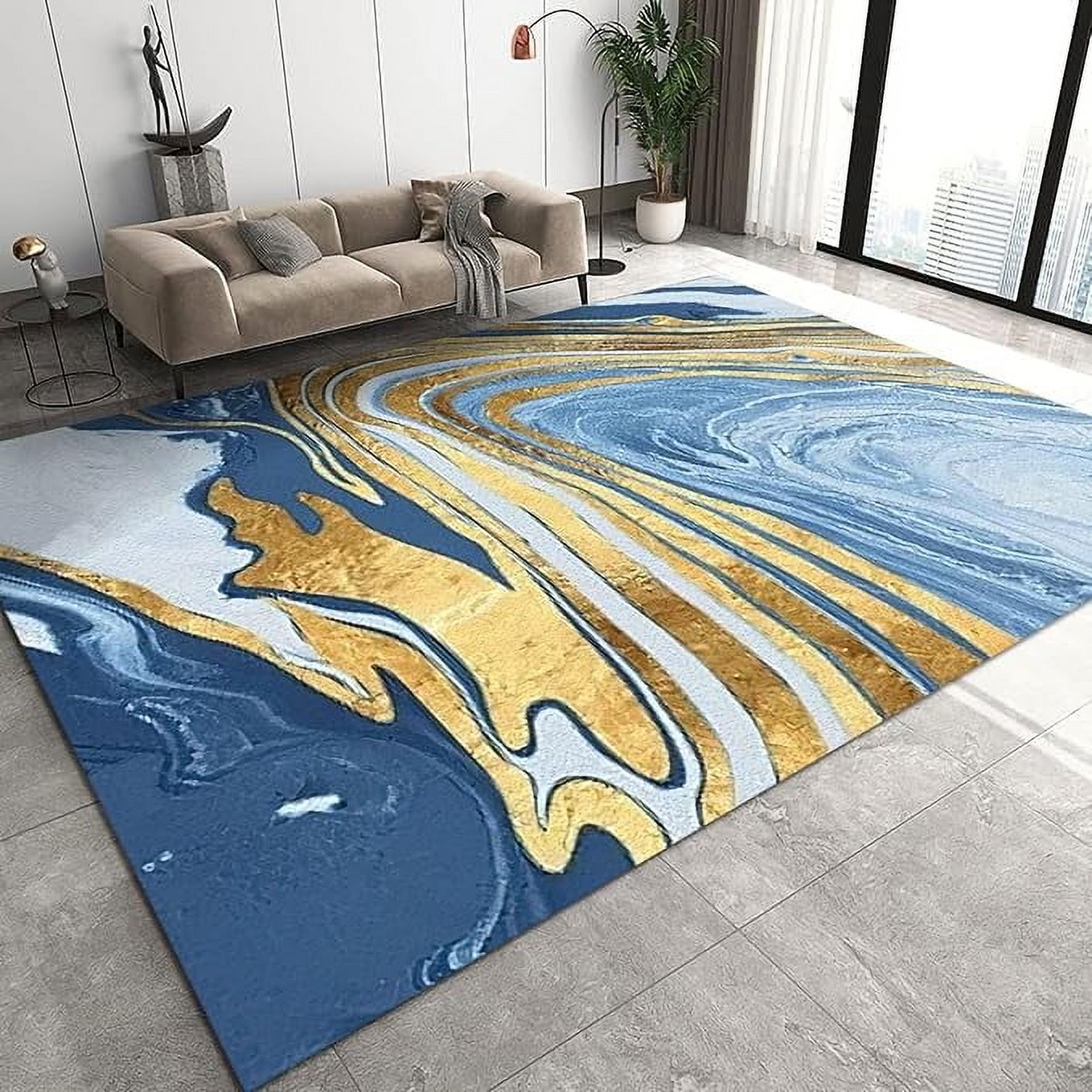 Blue Gold Area Rugs, Modern Abstract Art Rugs Floor Carpet, Indoor Non ...