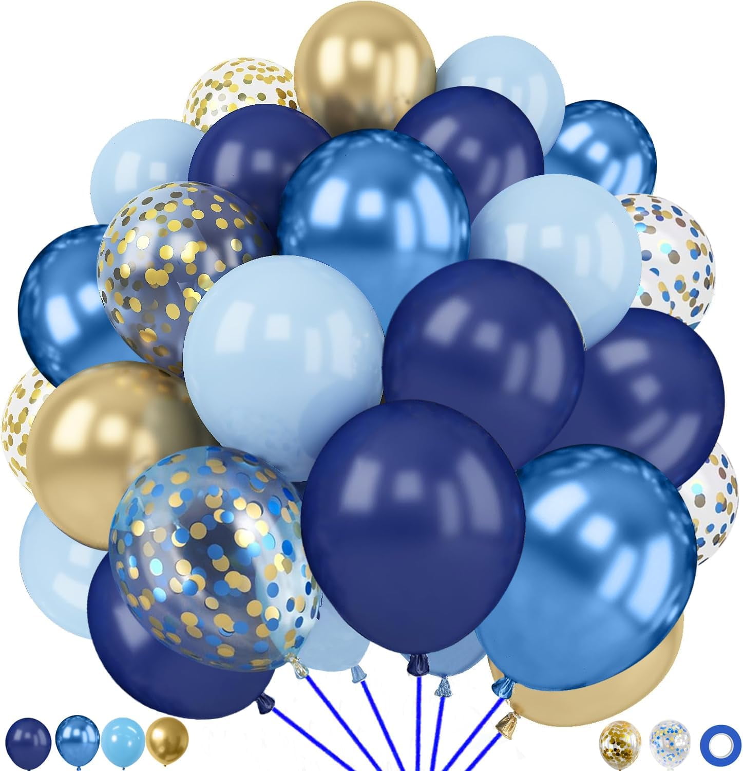 Blue and Gold Balloons,65pcs 12 Inch Navy Blue Balloon Metallic Blue Gold Confetti Balloons for ...