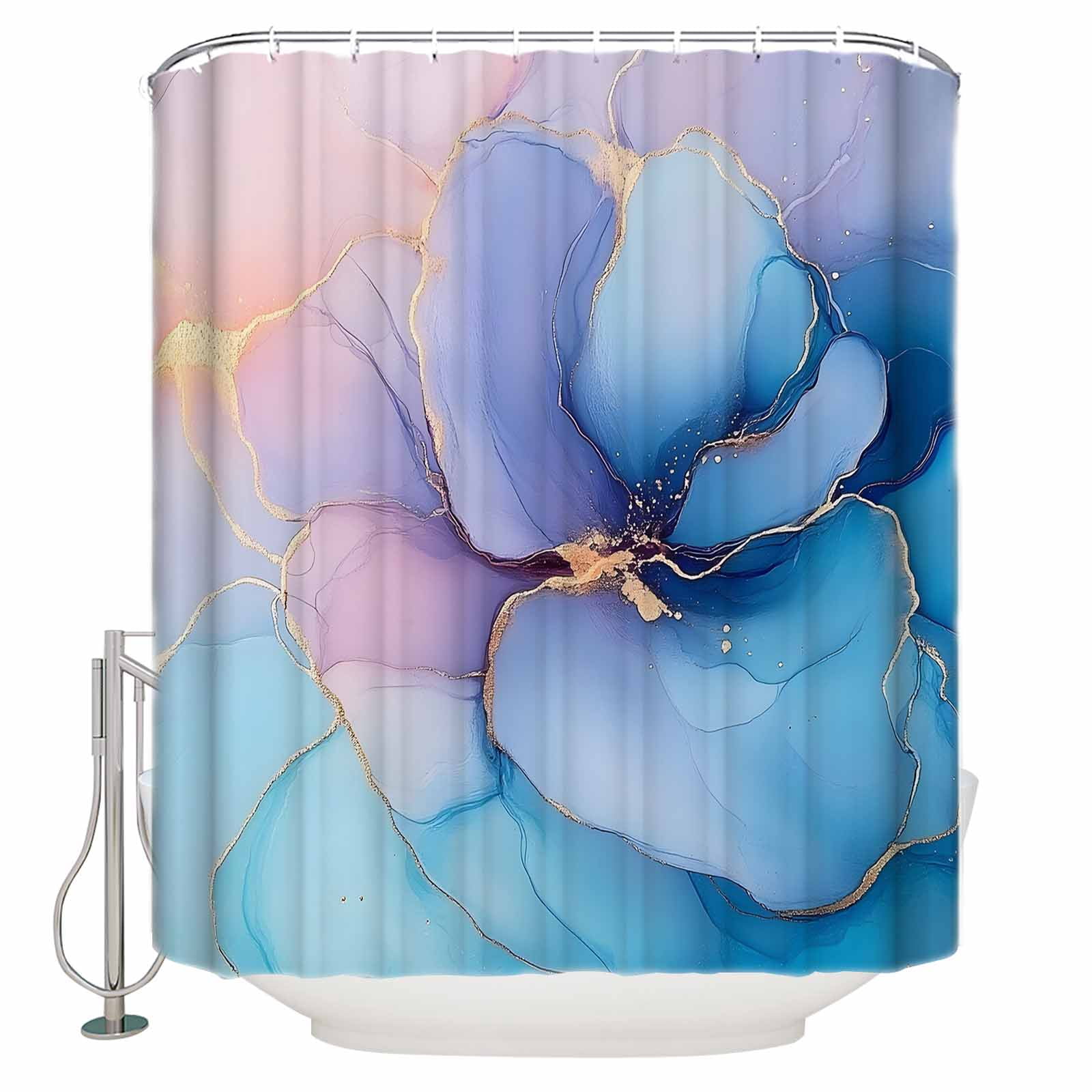 Blue Gold Bathroom Shower Curtains with 12 Hooks Polyester Waterproof ...