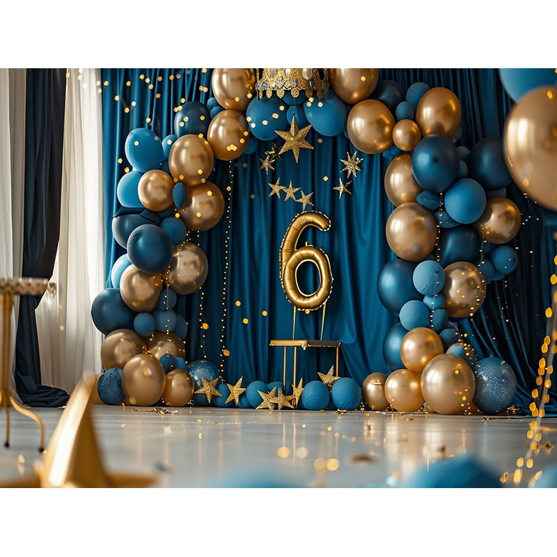 Blue Gold Birthday Party Photography Backdrops Props Arch Balloons ...