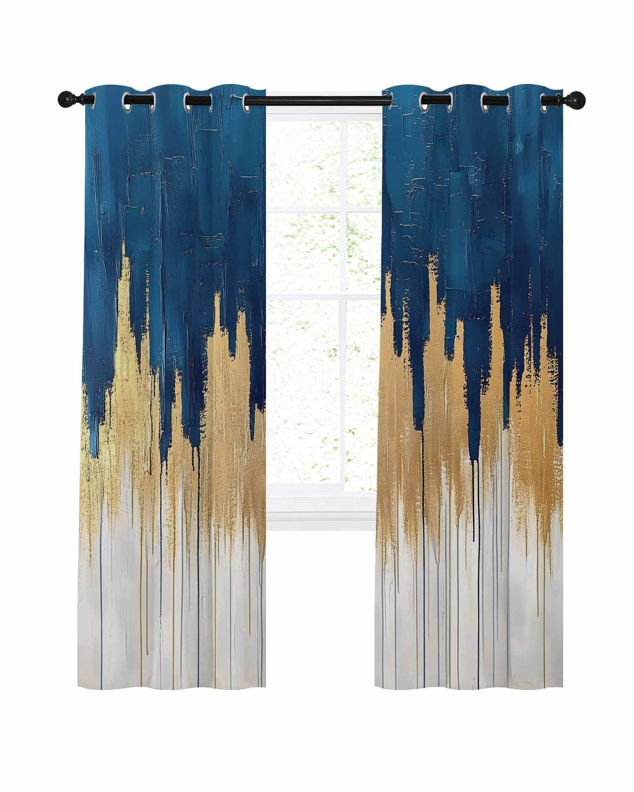 Blue Gold Blackout Curtains 84 Inches Long for Bedroom, Modern Street ...