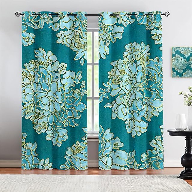 Blue And Gold Bohemian Floral Art Blackout Curtains, Medieval Pattern ...