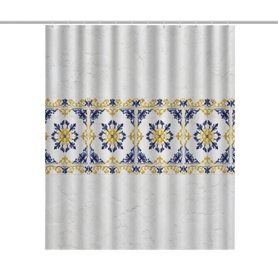 Blue Gold Border Tile Wall Pattern Print Shower Curtain,Cloth Fabric ...