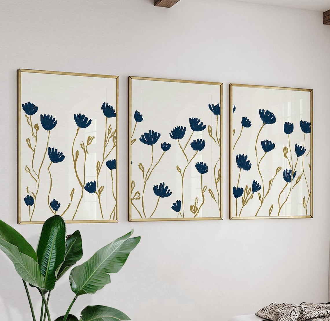 Blue Gold Botanical Floral Minimal Line Art Wall Prints Set 3 Stretched ...