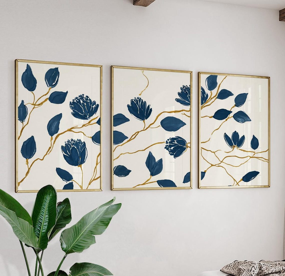 Blue Gold Botanical Line Art Modern Floral Wall Art Set 3 Unframed ...