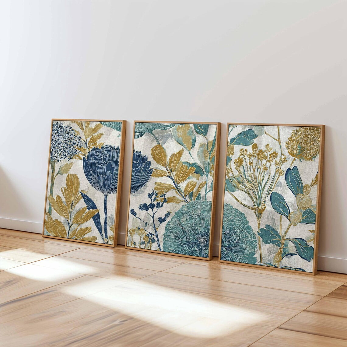 Blue Gold Botanical Teal Flower Wall Art Set 3 Unframed Paper Print ...