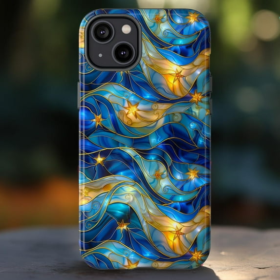 Blue Gold Celestial Stained Glass Starry Night iPhone Case 17 16 15 14 13 12 11 Pro Max ...