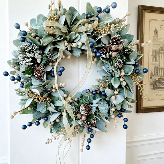 Blue Gold Christmas Wreath 16", Artificial Lambs Ear Wreath with ...