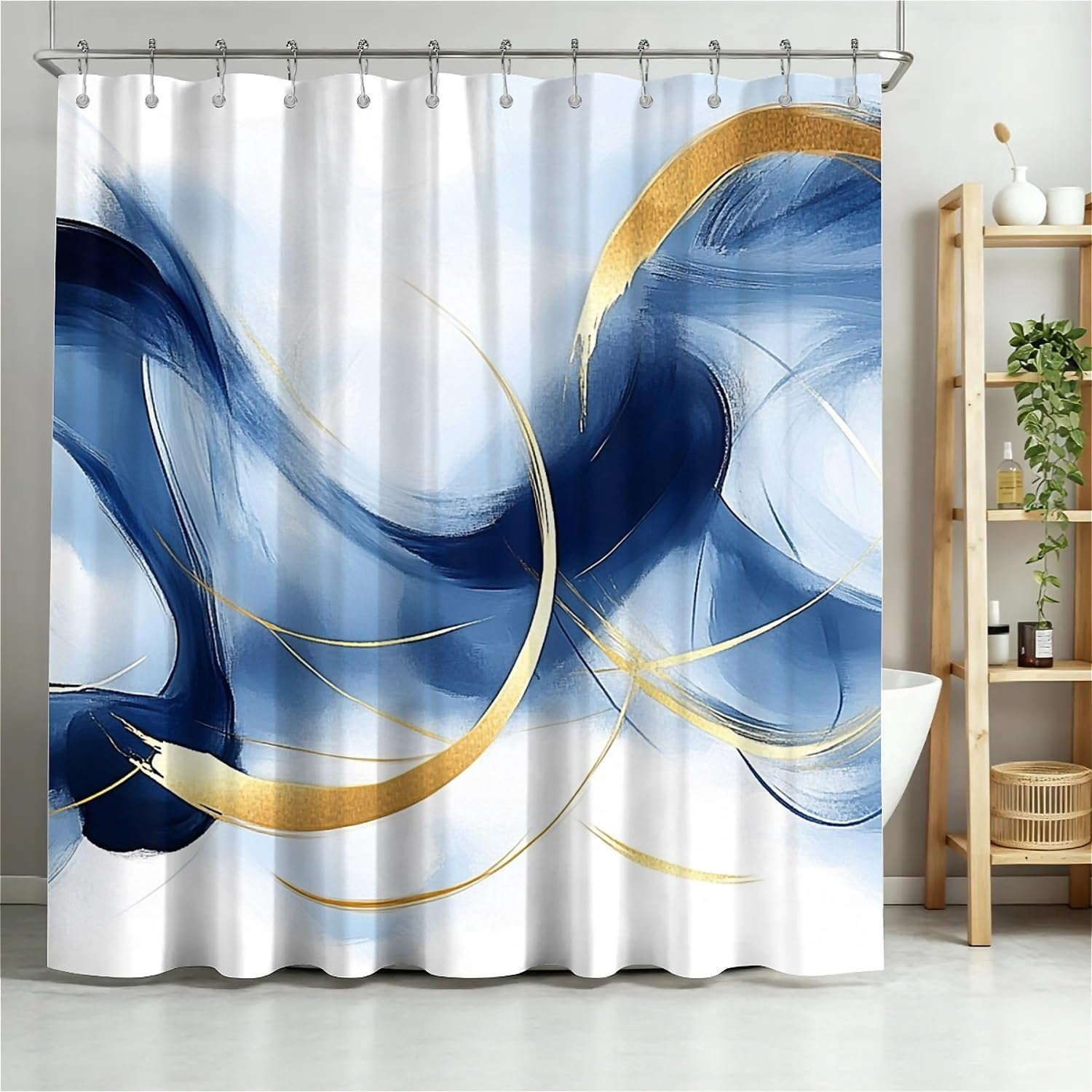 Blue and Gold Circles Shower Curtain for Bathroom, Water Resistant Long ...