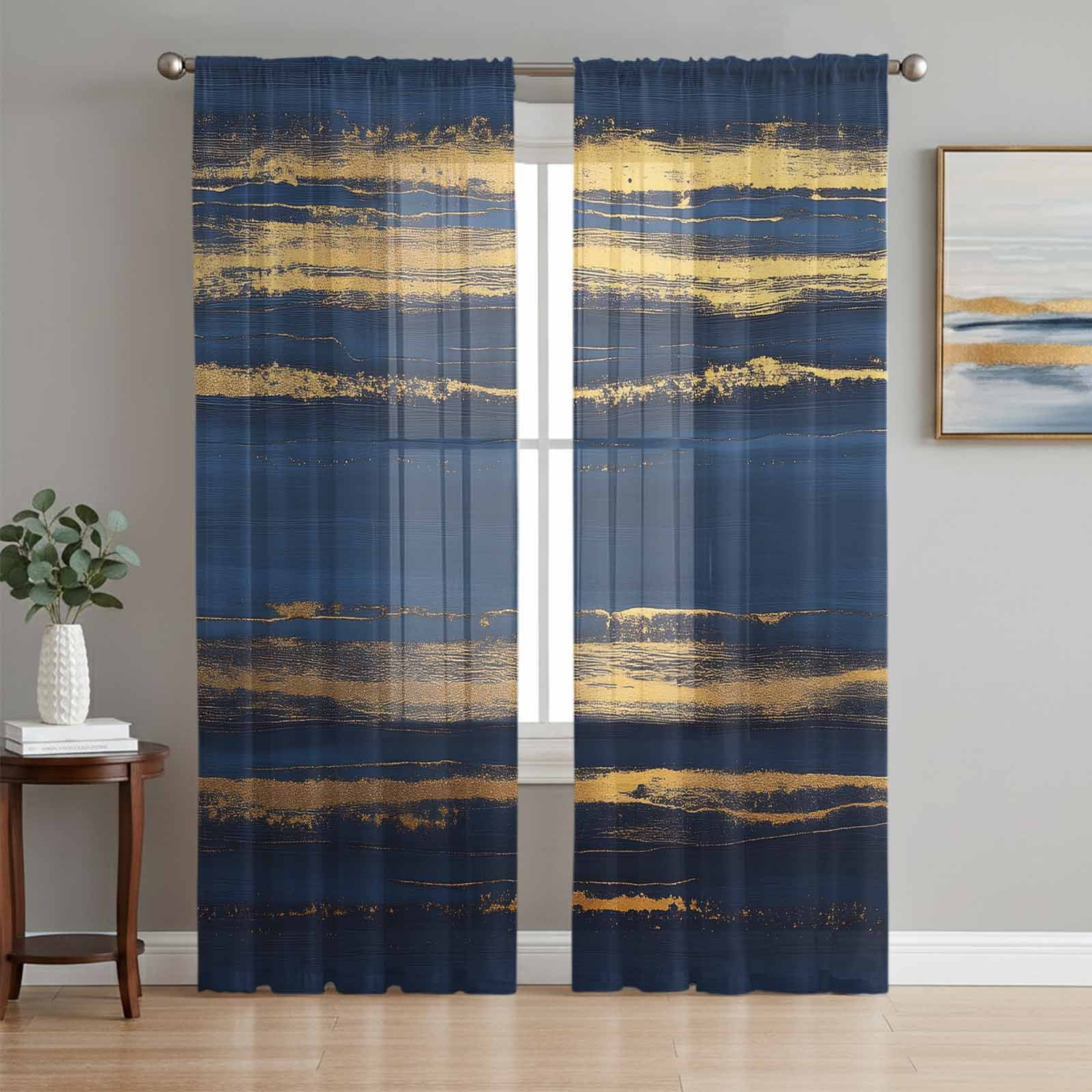 Blue Gold Coastal Sheer Curtains 63 Inch Length 2 Panels Set, Summer ...