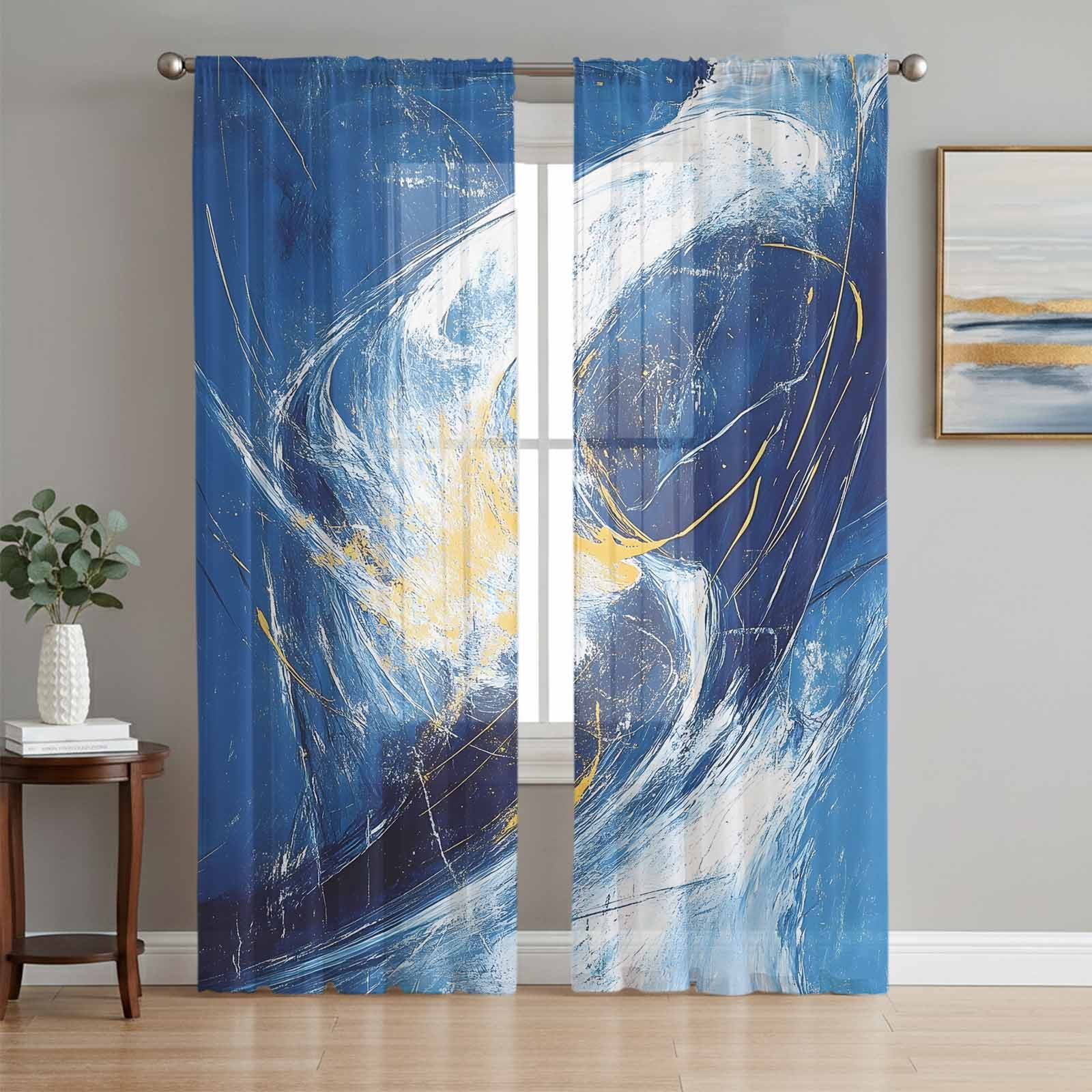 Blue Gold Coastal Sheer Curtains 84 Inch Length 2 Panels Set, Summer ...