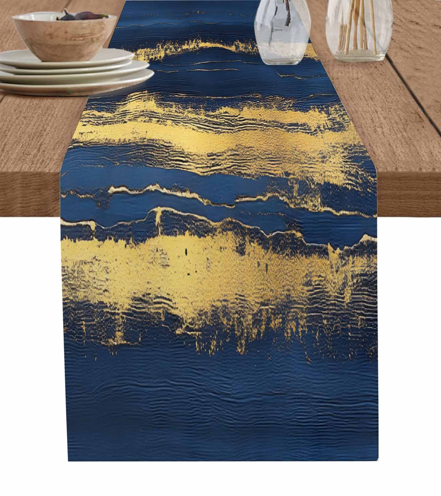 Blue Gold Coastal Table Runner Cotton Linen 60 Inch Holiday Dresser ...