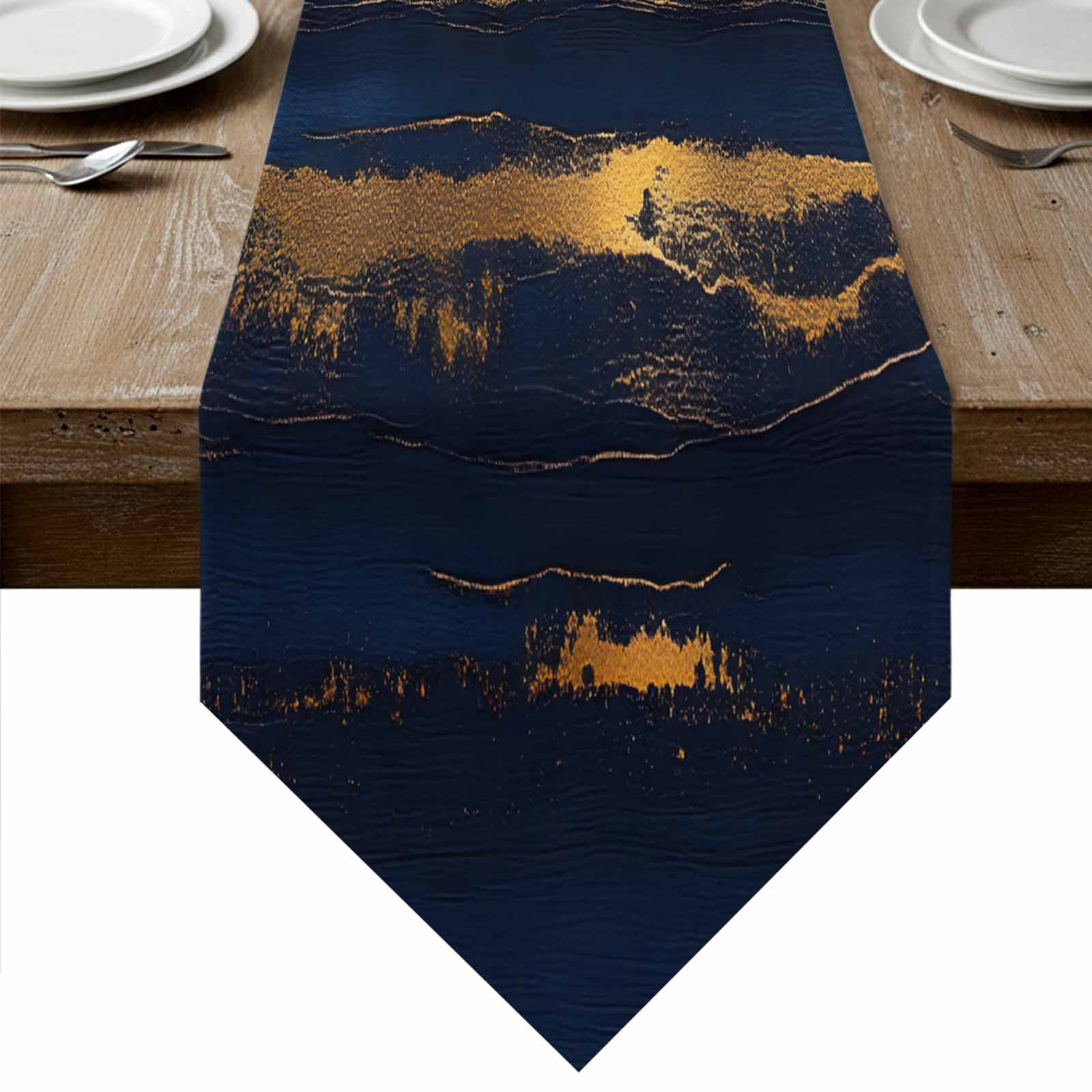 Blue Gold Coastal Table Runner Linen Burlap Table Runner 70 Inches Long ...