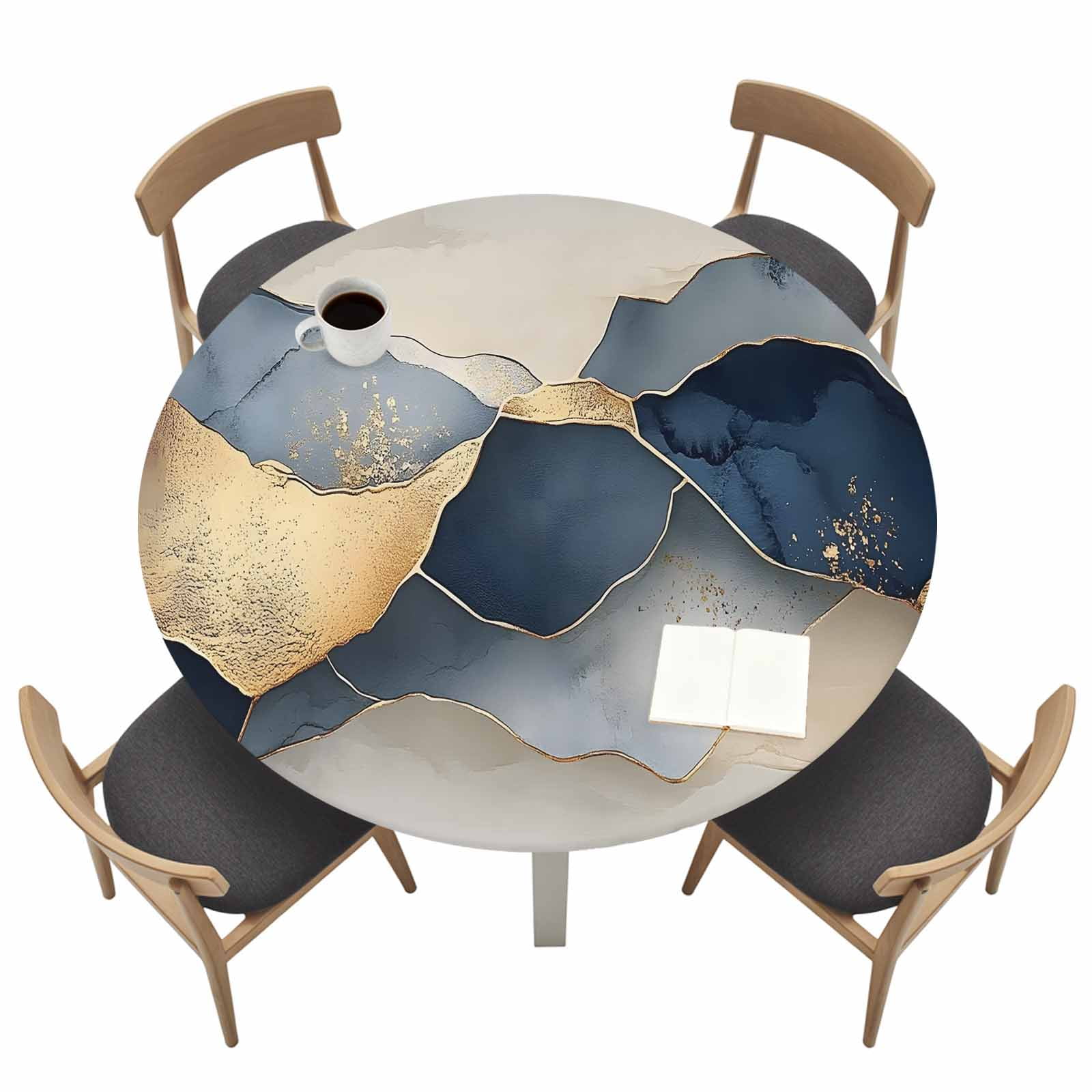 Blue Gold Color Block Round Fitted Tablecloth with Elastic Edge ...