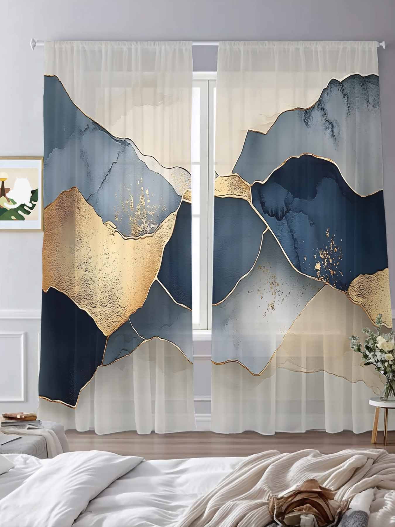 Blue Gold Color Block Sheer Curtains 84 Inches Long 2 Panels, Semi ...