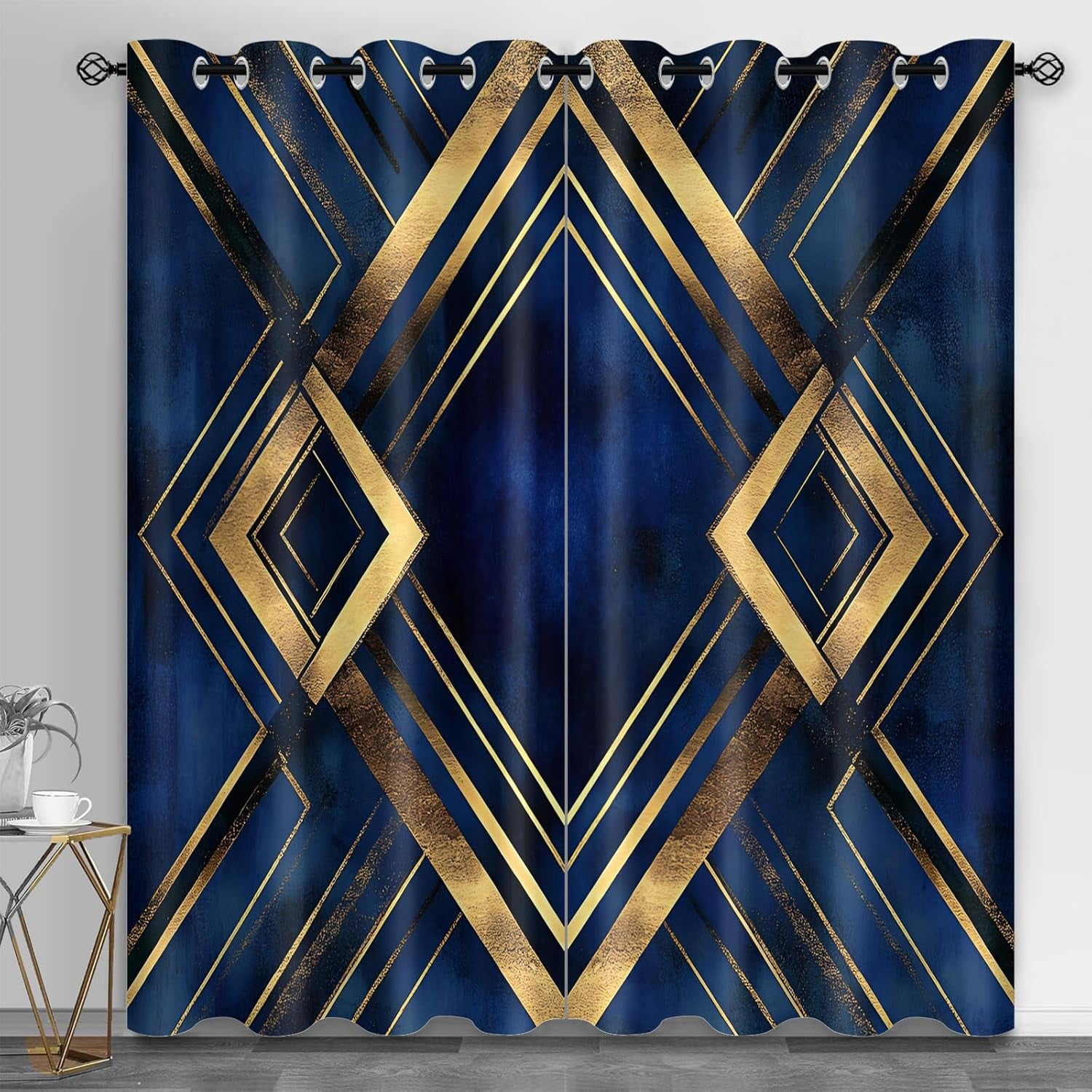 Blue and Gold Curtains for Bedroom, Geometric Blackout Curtains, Luxury ...