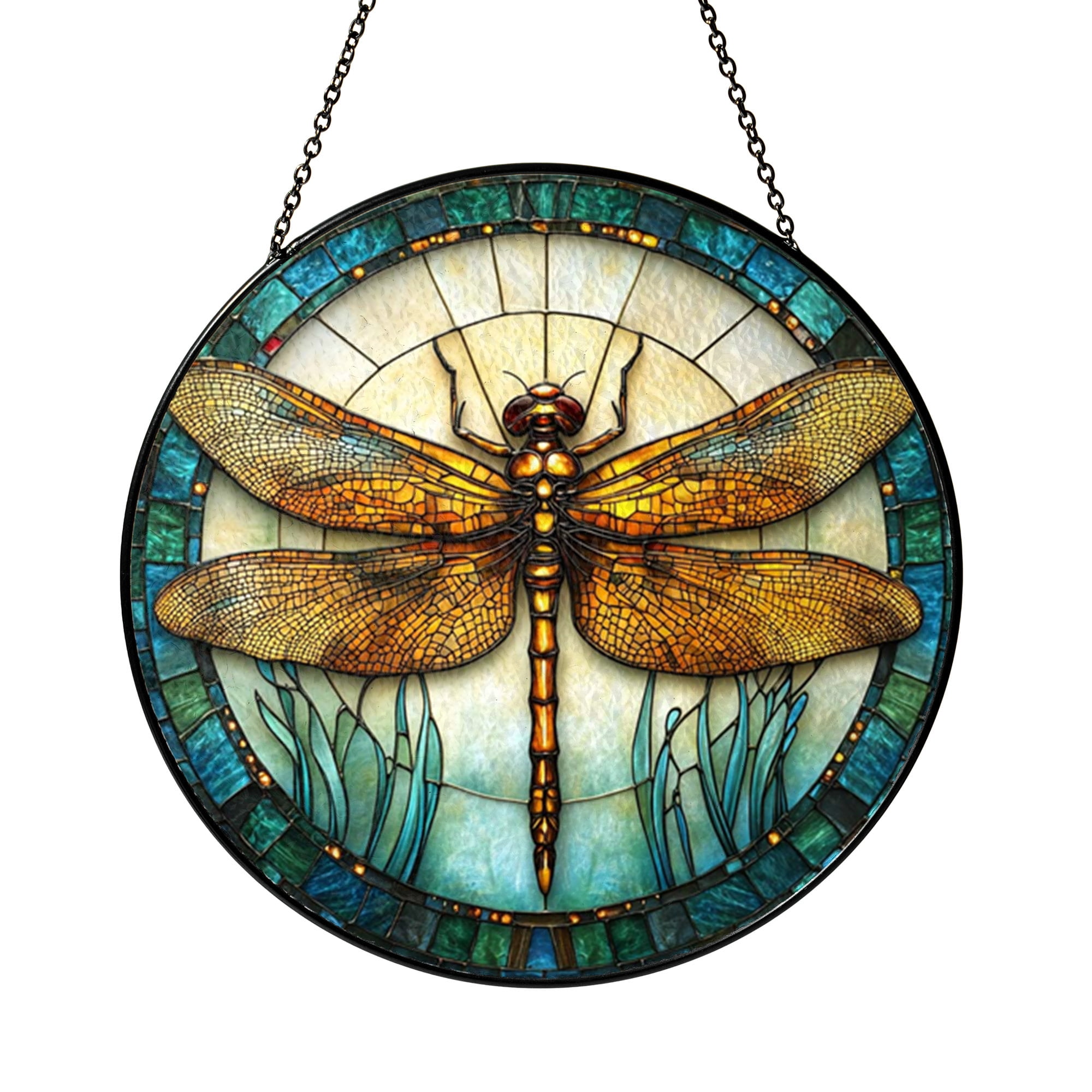 Blue and Gold Dragonfly Stained Glass Style Round Suncatcher Window ...