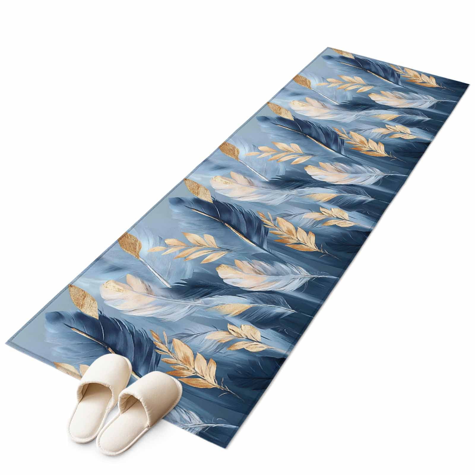 Blue Gold Feather 2'x6' Runner Rug, Modern Oil Painting Gradient White ...