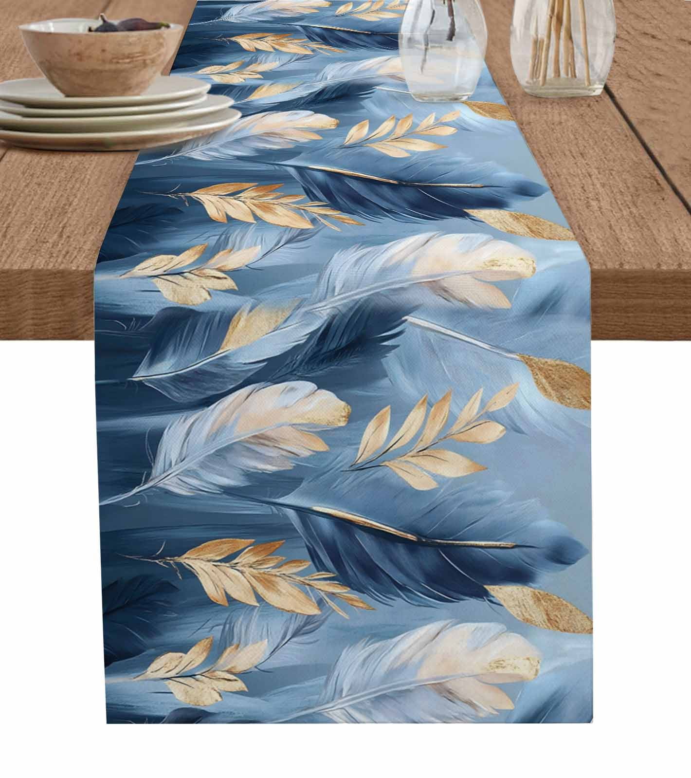 Blue Gold Feather Burlap Cotton Table Runner 13x48 Inches Long, Modern Oil Painting Gradient ...