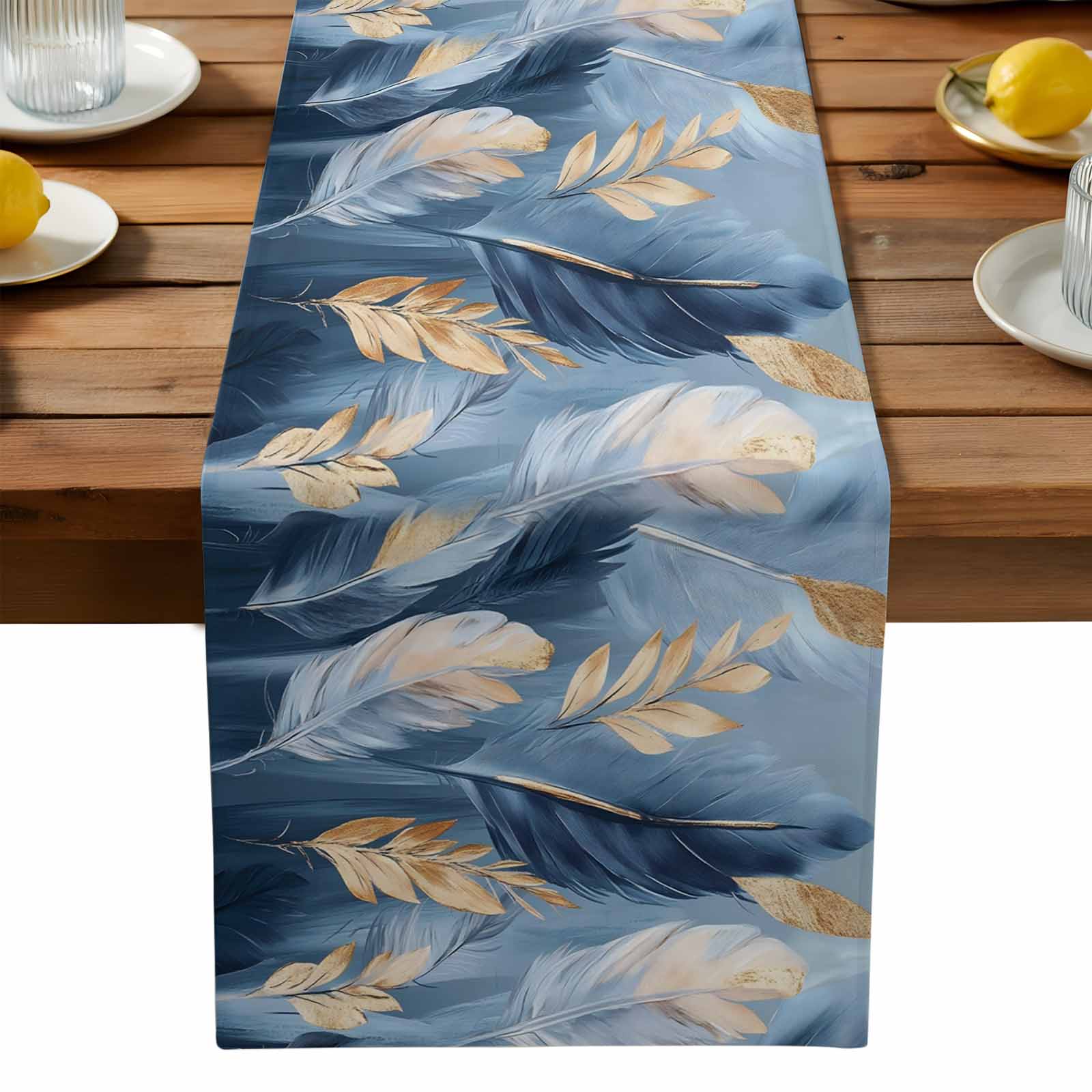 Blue Gold Feather Cotton Linen Table Runner for Dining Kitchen, Modern ...