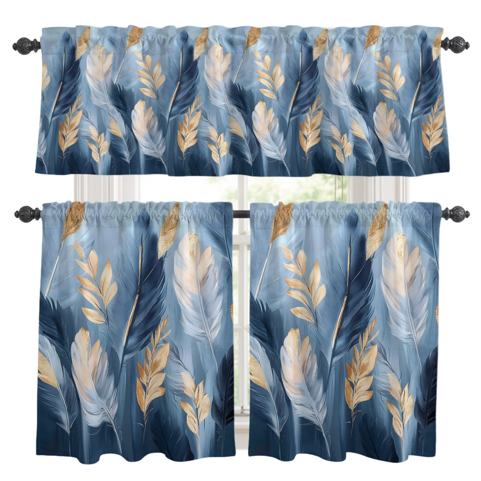 Blue Gold Feather Kitchen Curtains, Kitchen Curtains and Valances Set ...