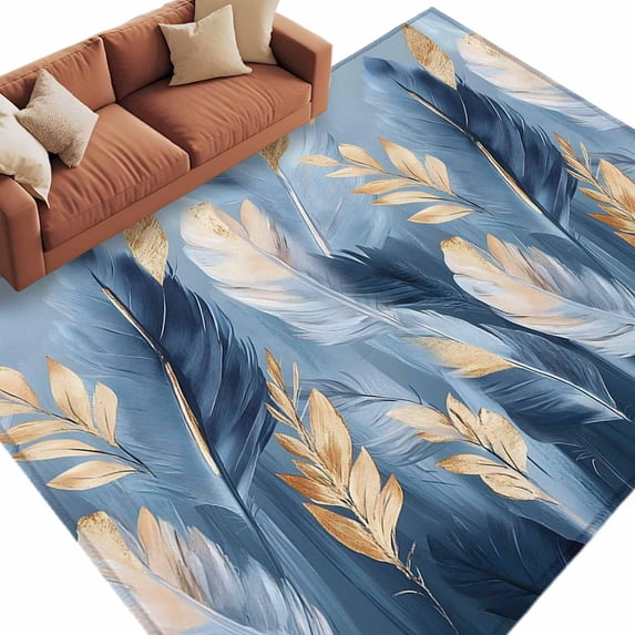 Blue Gold Feather Large Area Rugs for Bedroom Living Room, Soft Non ...
