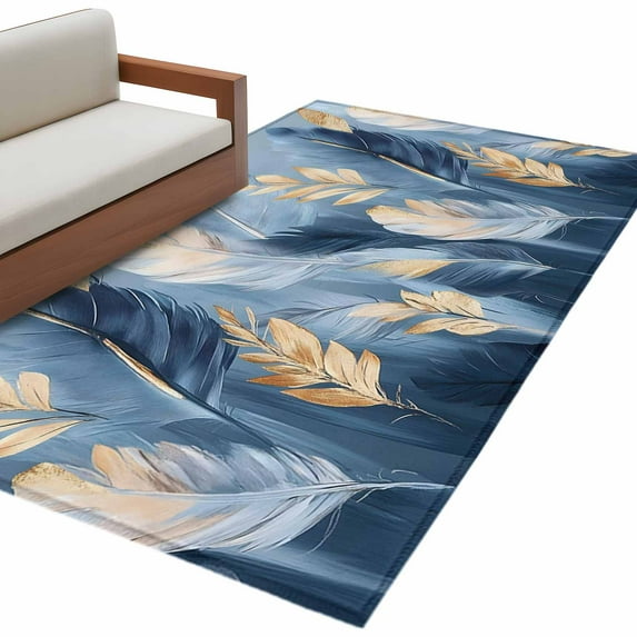 Blue Gold Feather Large Area Rugs for Bedroom Living Room, Soft Non ...