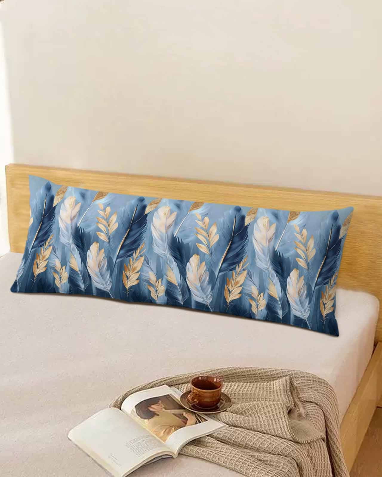 Blue Gold Feather Long Body Pillow Covers, Modern Oil Painting Gradient ...