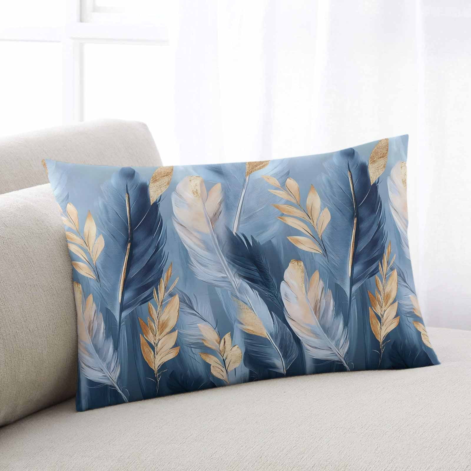 Blue Gold Feather Queen Size Pillow Cover, Pillowcase Protectors with ...