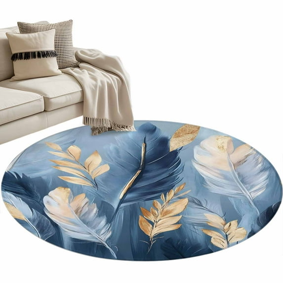 Blue Gold Feather Round Area Rug 4ft, Modern Oil Painting Gradient ...