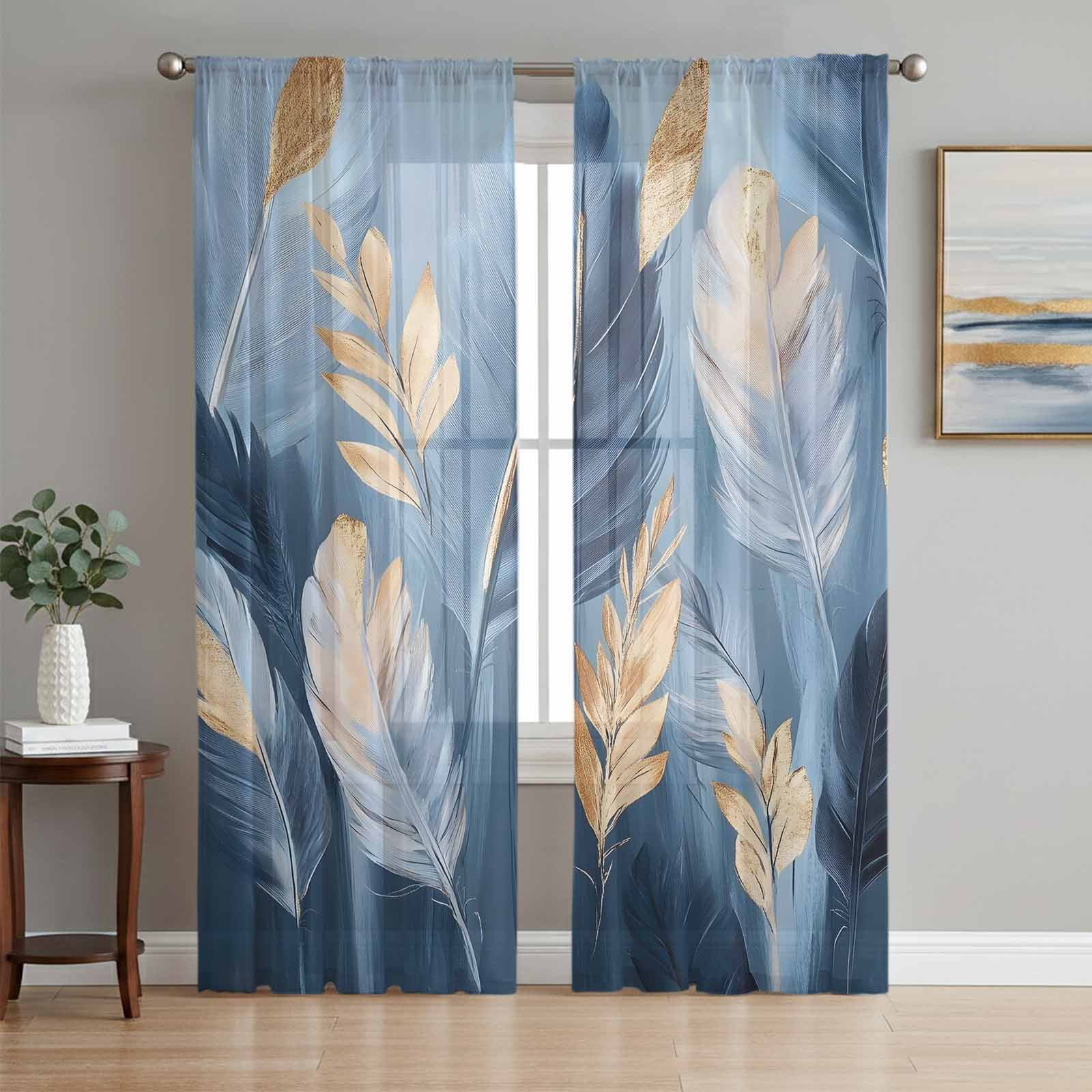 Blue Gold Feather Sheer Curtains 63 Inch Length 2 Panels Set, Modern ...