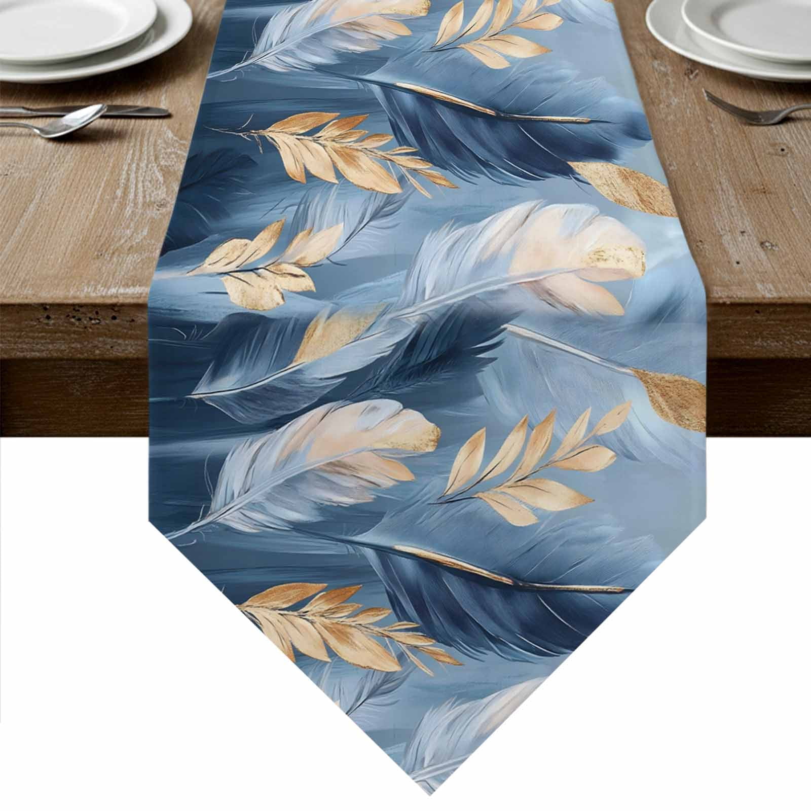 Blue Gold Feather Table Runner Linen Burlap Table Runner 108 Inches ...
