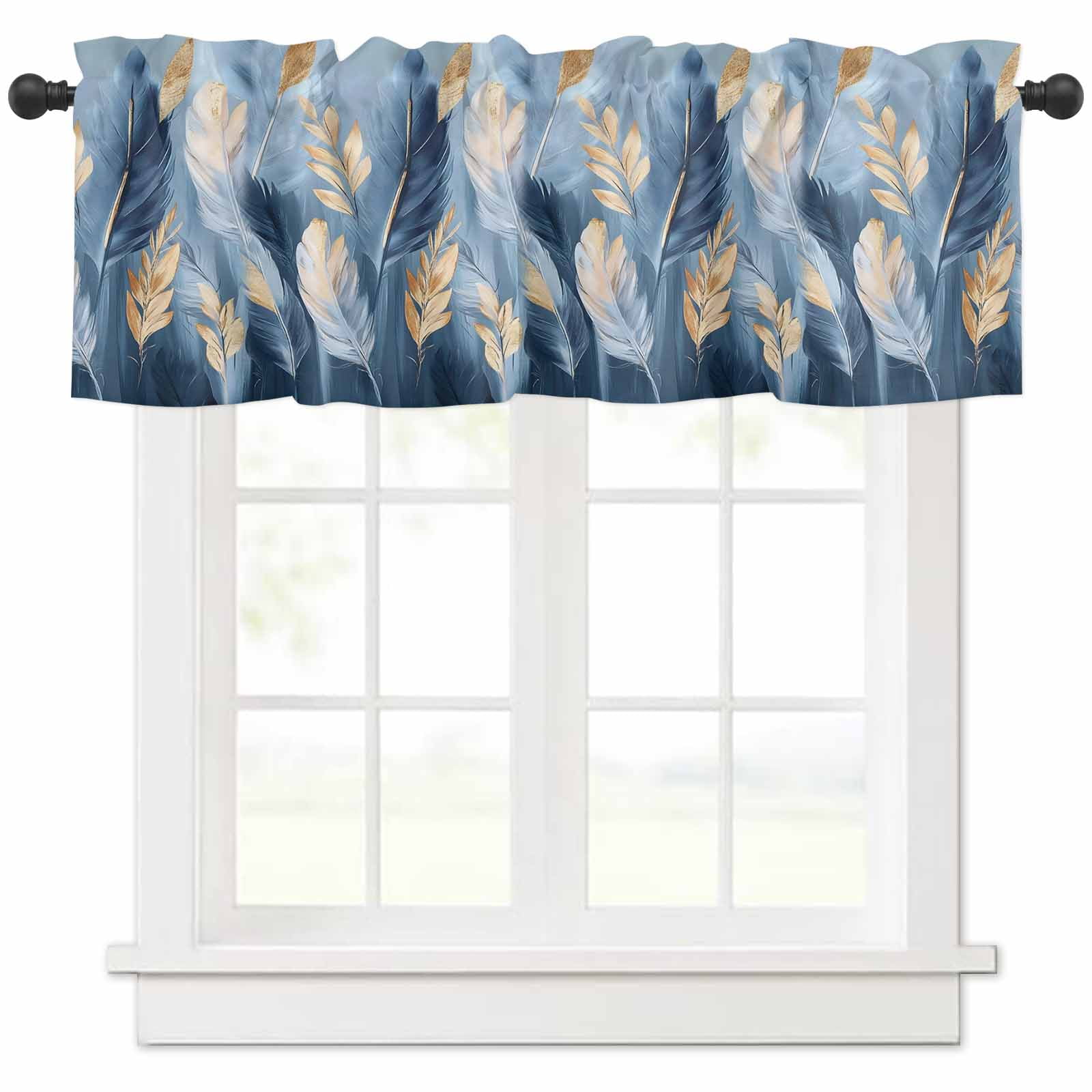 Blue Gold Feather Valances for Windows Farmhouse Kitchen Curtains ...