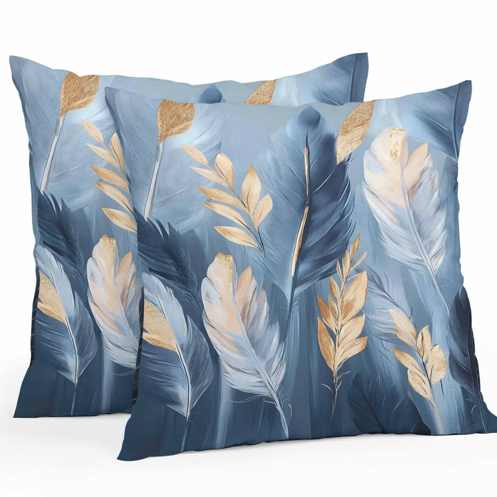Blue Gold Feather Waterproof Outdoor Throw Pillow Covers 20''x20'' Pack ...