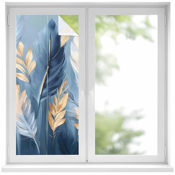 Blue Gold Feather Window Privacy Film, Modern Oil Painting Gradient ...