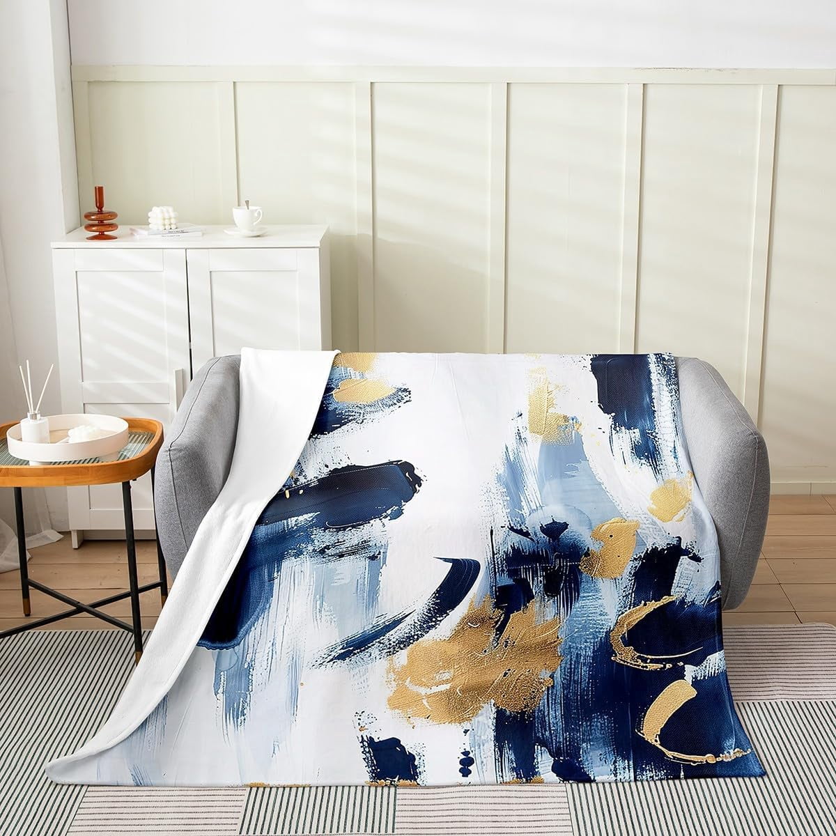 Blue Gold Fleece Throw Blanket Throw 50"x60" Modern Abstract Art ...