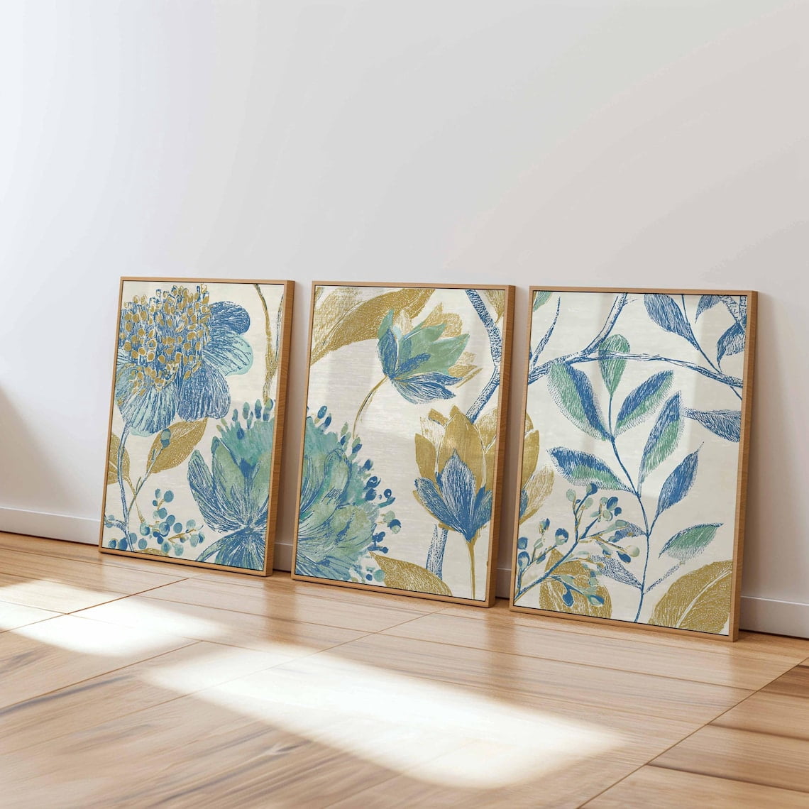 Blue Gold Floral Botanical Wall Art Set 3 Unframed Paper Print 16x24 ...