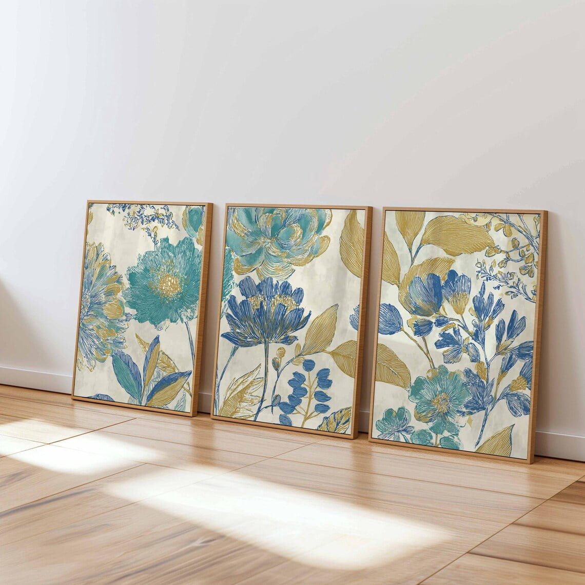 Blue Gold Floral Modern Botanical Wall Art Set 3 Stretched Canvas 12x18 ...