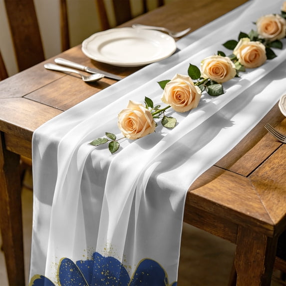 Blue Gold Flower 4.5 ft Cheesecloth Table Runner for Wedding 19"x55 ...
