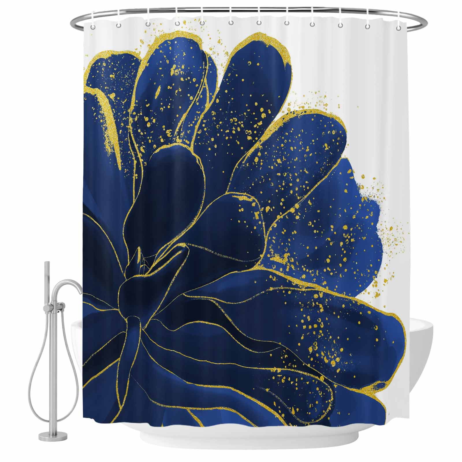 Blue Gold Flower Bathroom Shower Curtains with Hooks, Deep Blue ...