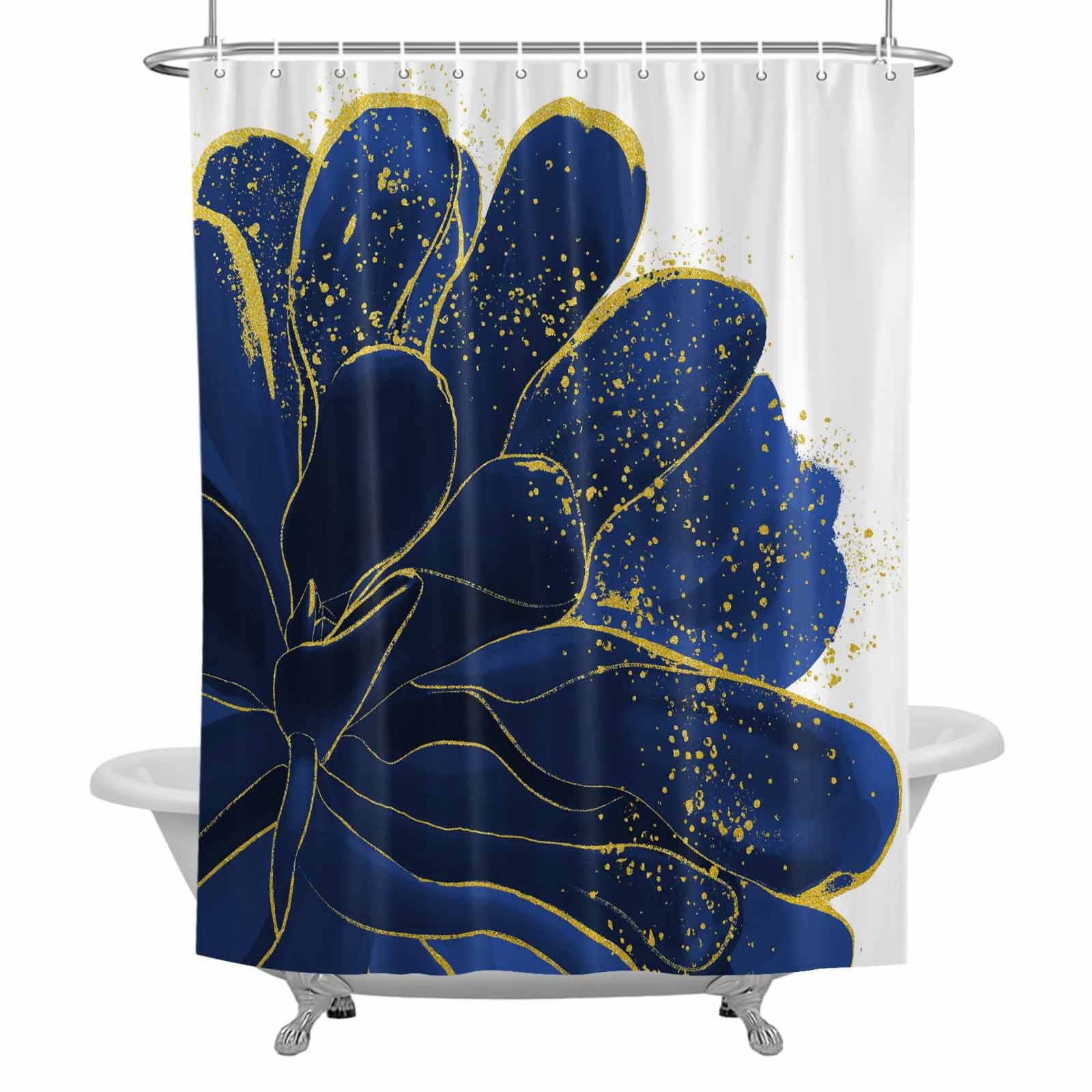Blue Gold Flower Shower Curtain for Bathroom, Deep Blue Gradient ...