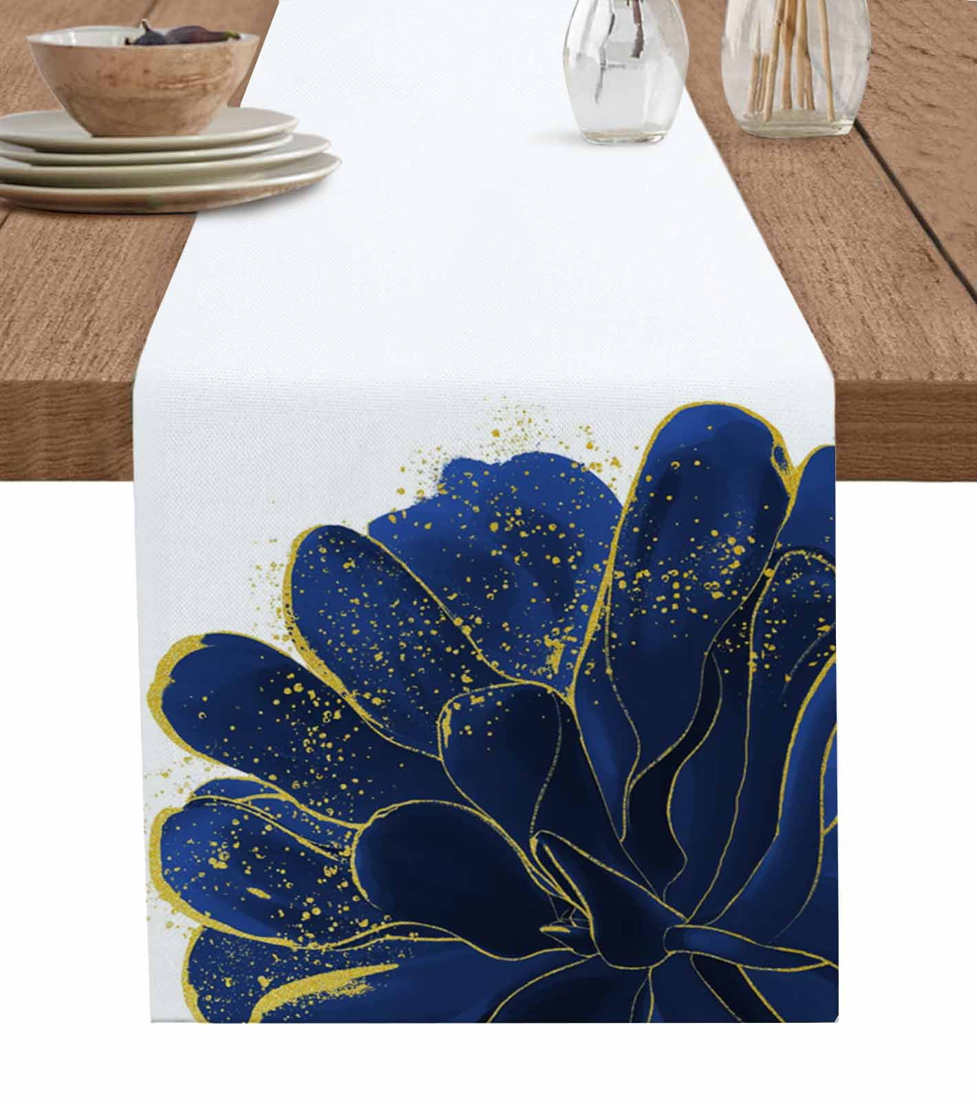 Blue Gold Flower Table Runners 60 Inches Long, Cotton Linen Fabric ...