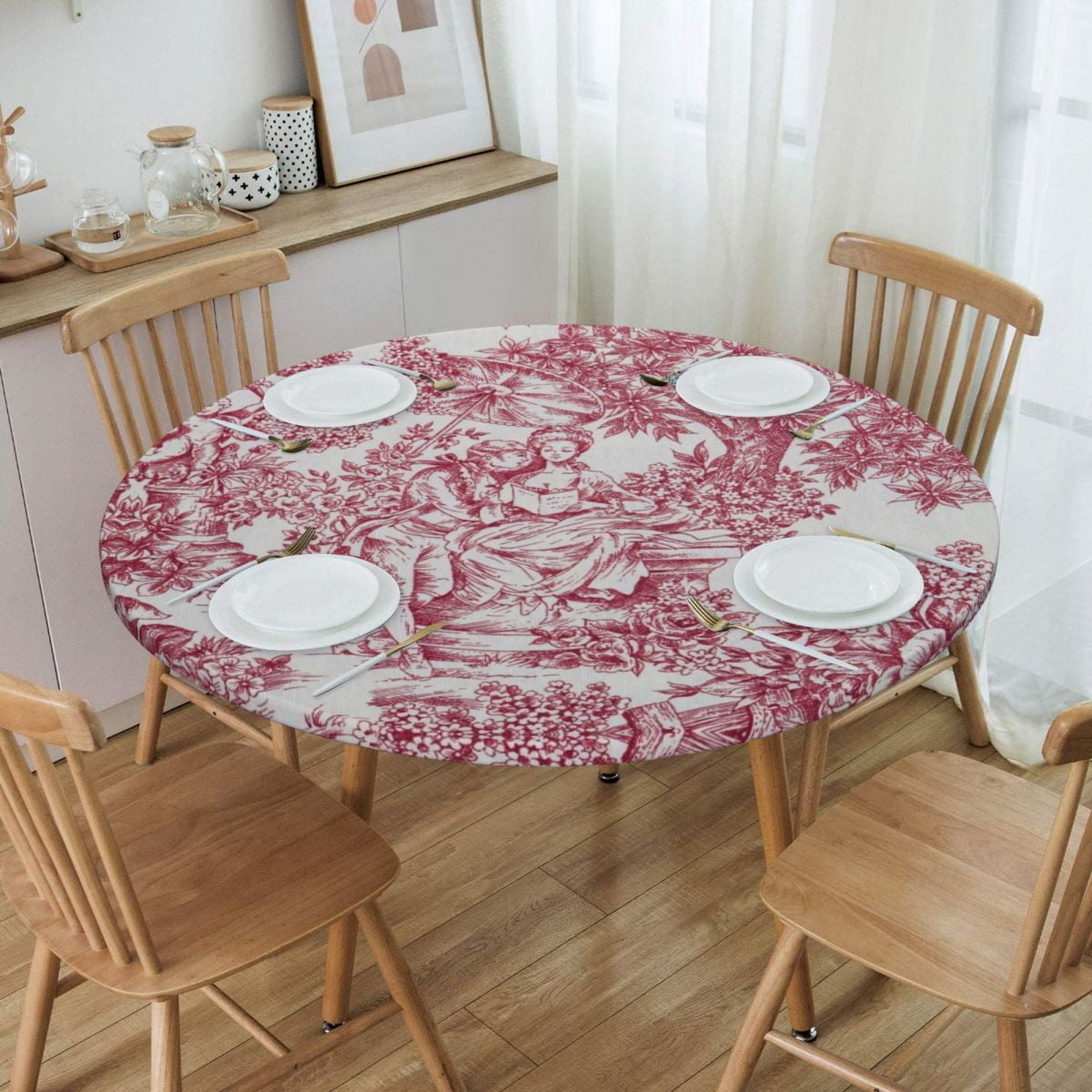 Blue Gold Flower Toile De Jouy Tablecloth Round Elastic Fitted ...