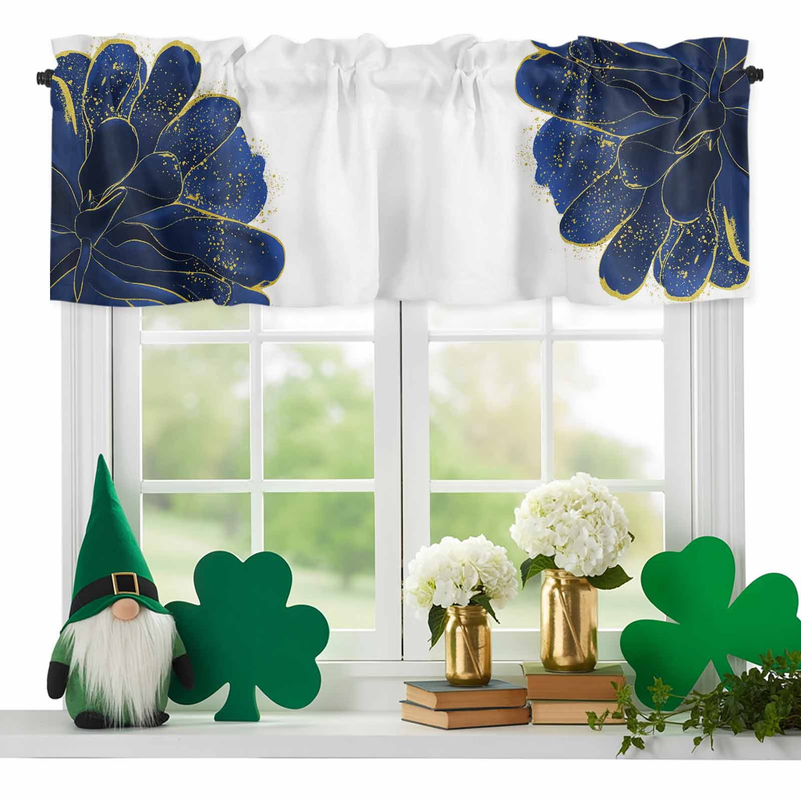 Blue Gold Flower Valances for Windows, Deep Blue Gradient Vintage ...